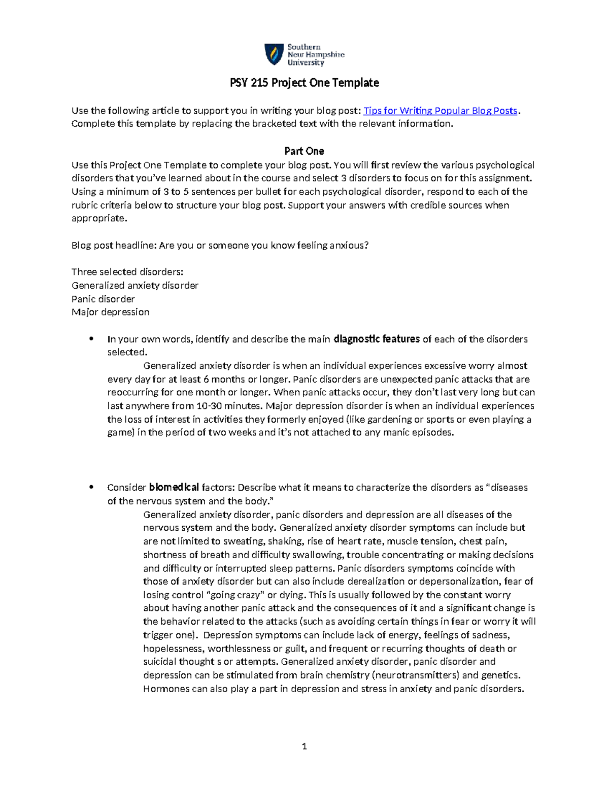 PSY 215 Project One: Understanding Anxiety and Depression Disorders ...