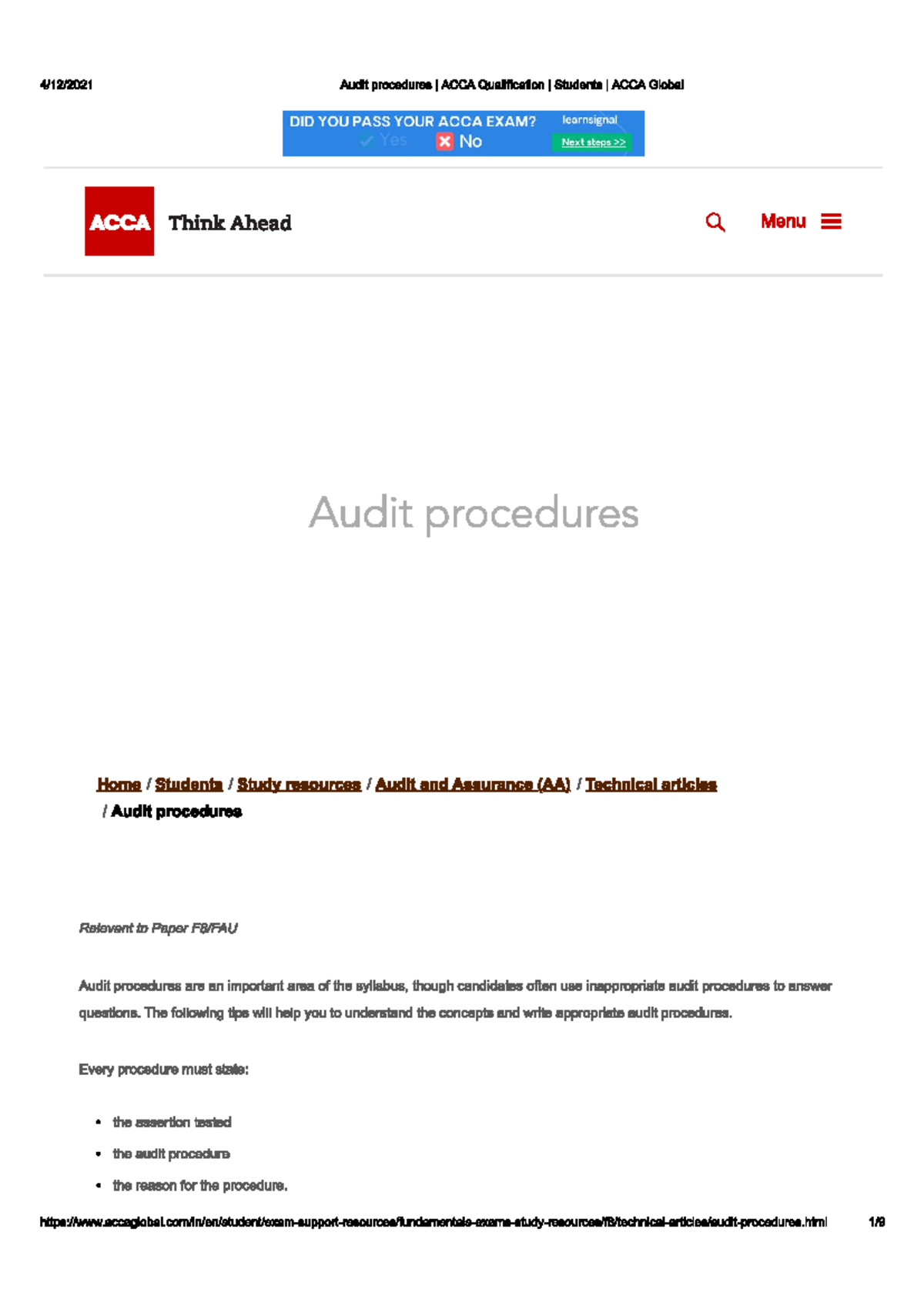 ACCA F8 & FAU - Understanding Audit Procedures and Assertions Guide ...
