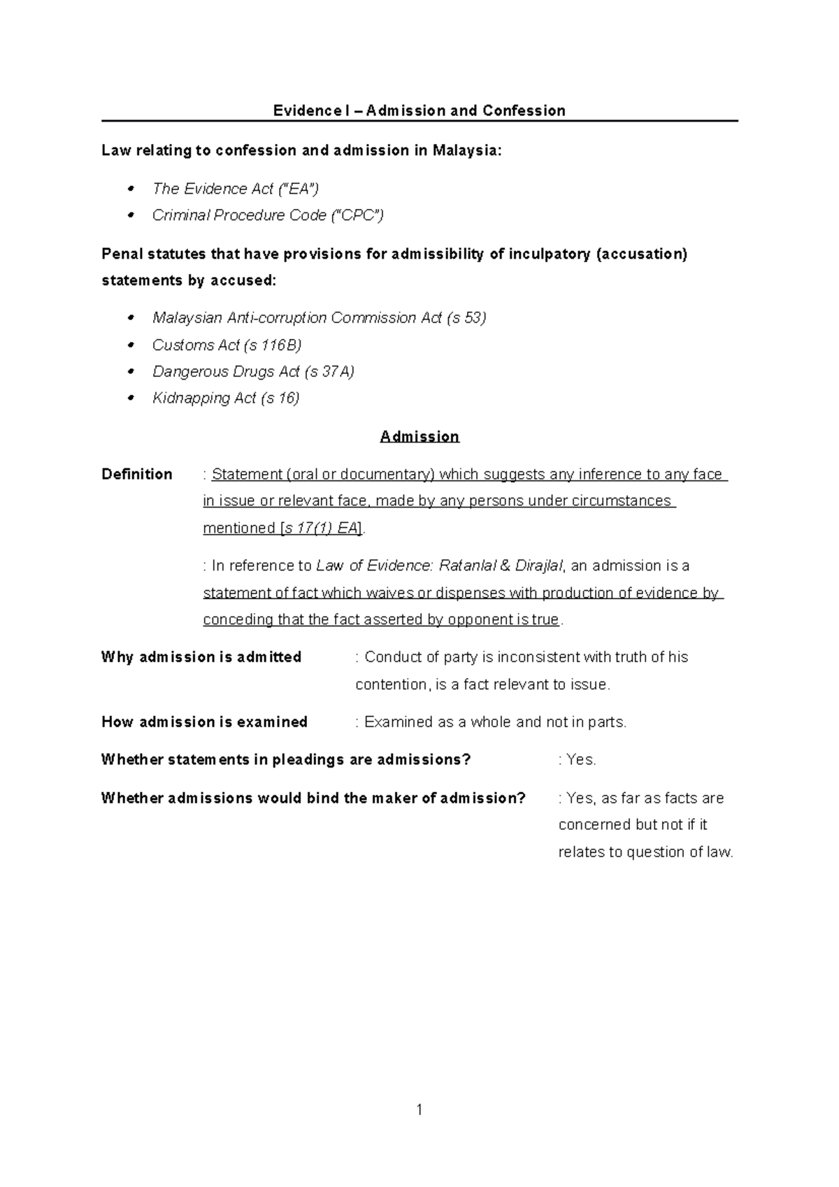 Evidence I -Admission and Confession Notes - Evidence I – Admission and ...