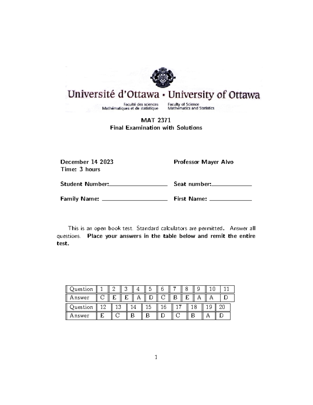 Fall Final exam with solutions 2023 - MAT 2371 Final Examination with ...