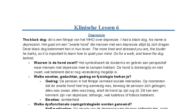 Klinische Lessen 6: Depressie en de Impact van de 'Black Dog' - Studeersnel