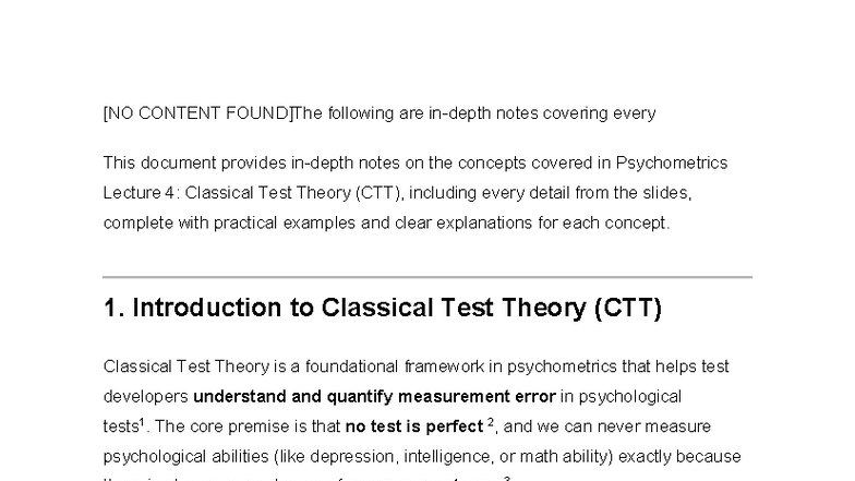 Psychometrics Lecture 4: Classical Test Theory (CTT) Notes - Studocu