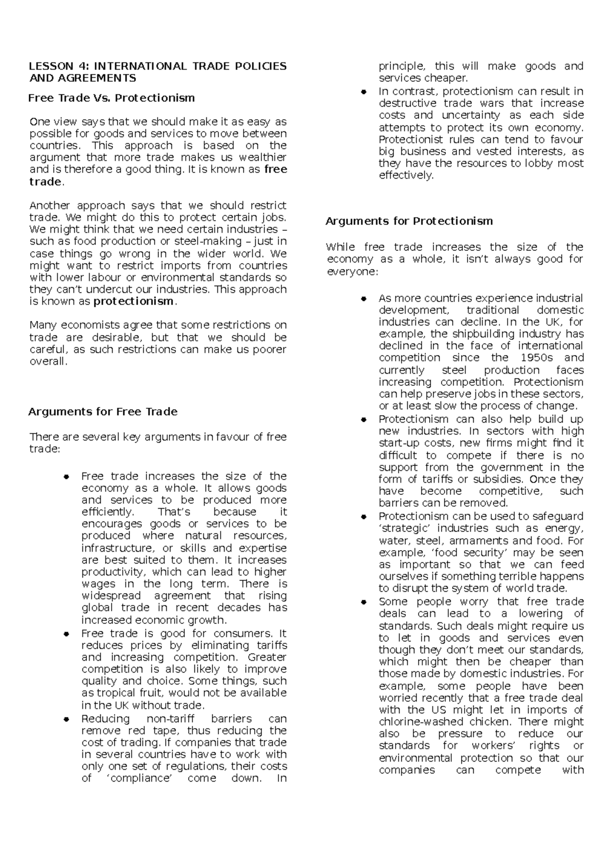 LESSON 4: INT'L TRADE POLICIES & FREE TRADE VS. PROTECTIONISM - Studocu