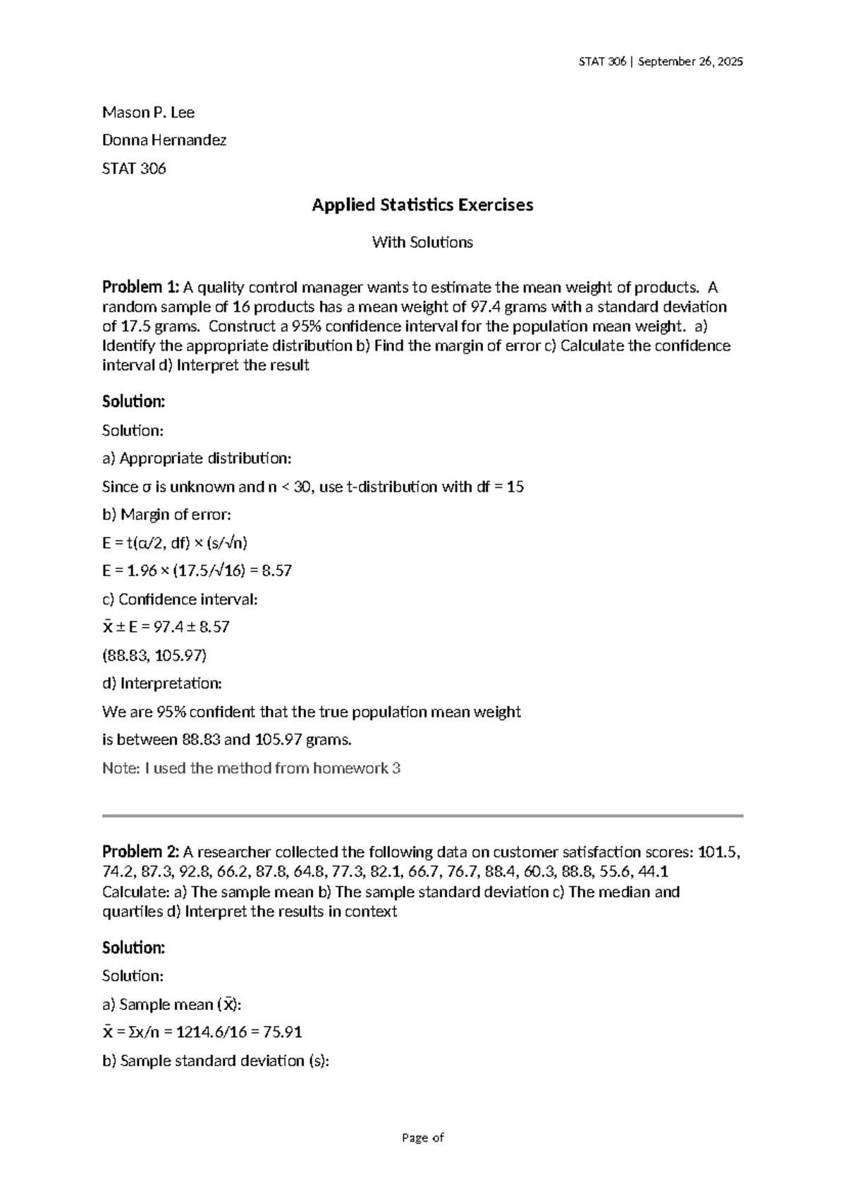 STAT 306 Applied Statistics Exercises & Solutions - Studocu