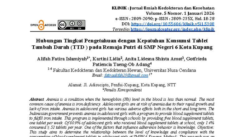 Hubungan Pengetahuan dan Kepatuhan Konsumsi TTD pada Remaja Putri di ...