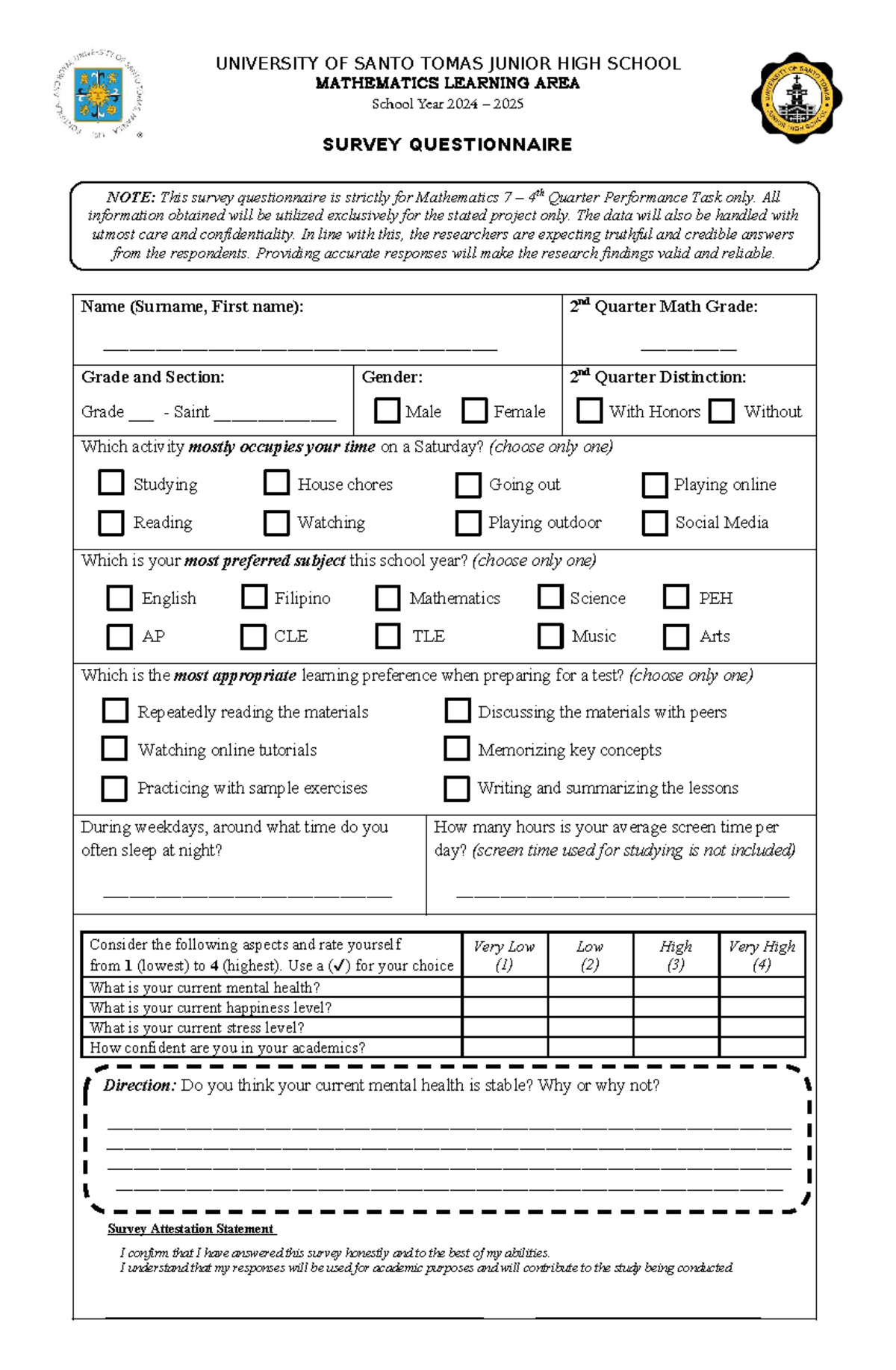Edited Survey-Questionnaire-Template - UNIVERSITY OF SANTO TOMAS JUNIOR ...
