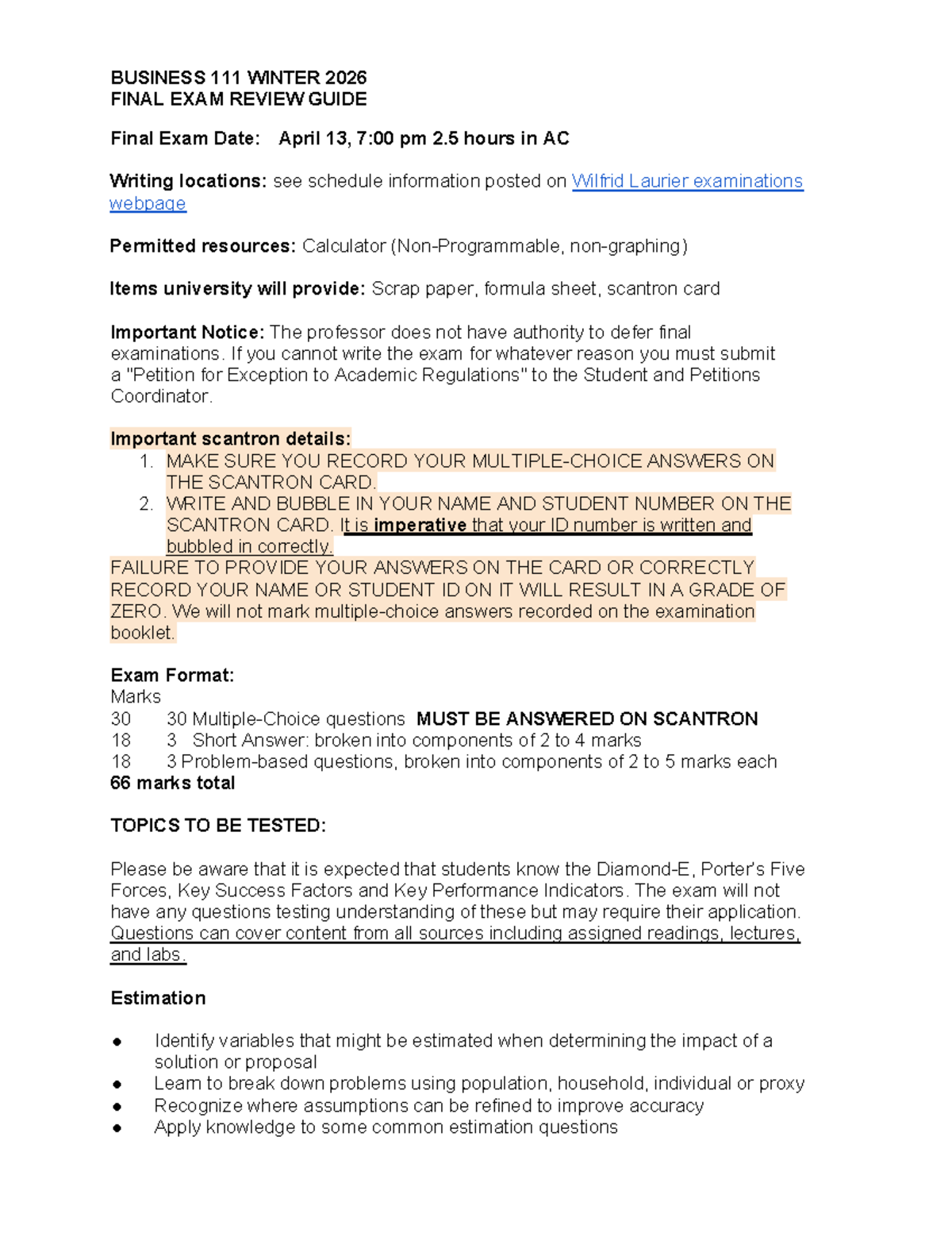 BUSINESS 26W FINAL EXAM REVIEW GUIDE - WINTER 2026 - Studocu