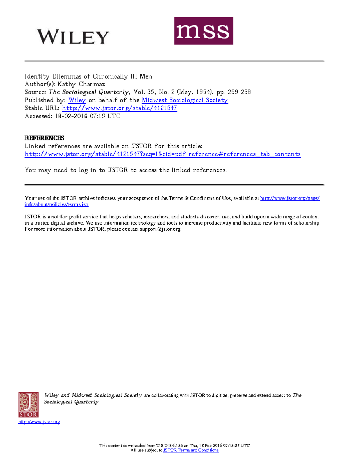 Charmaz on chronicity in men - Wiley and Midwest Sociological Society ...