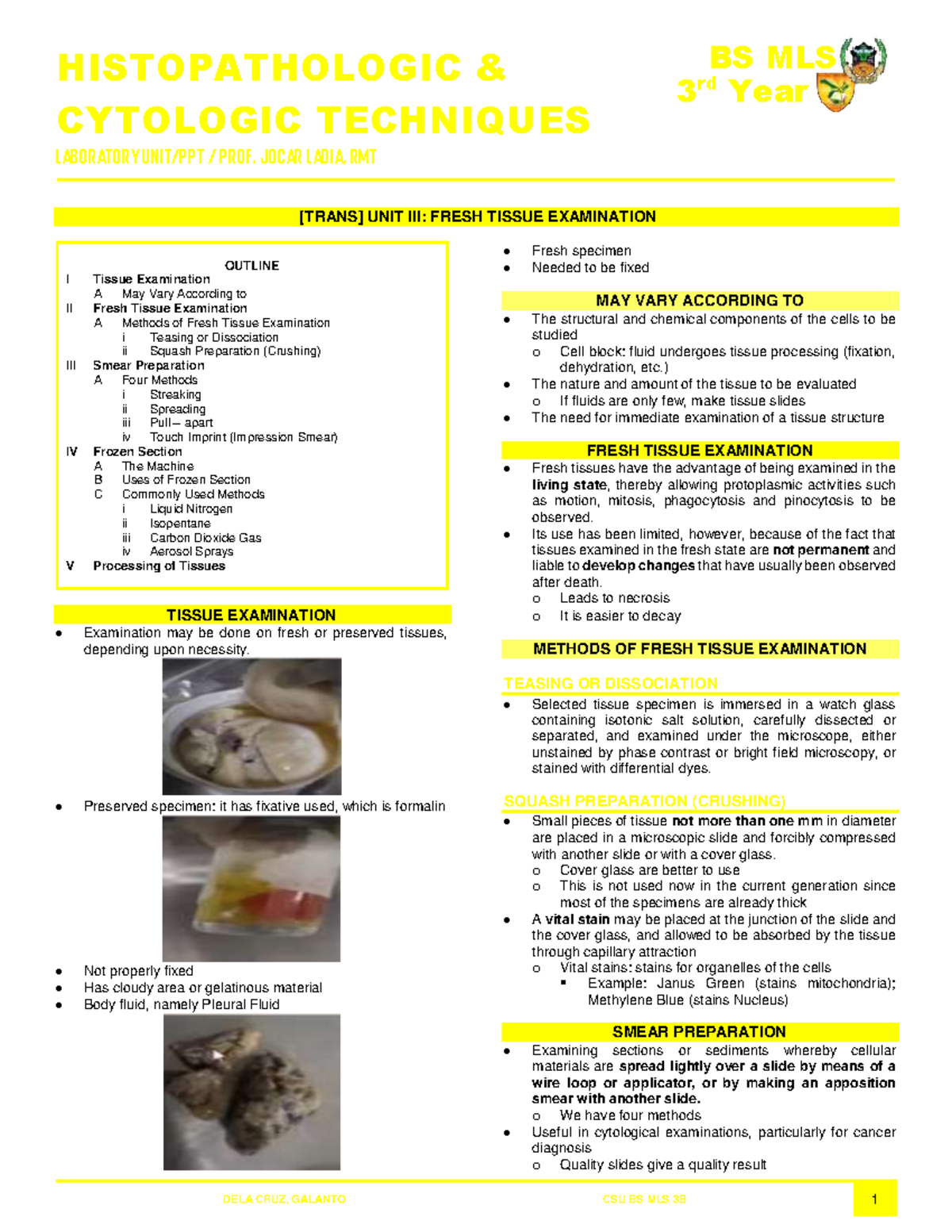 BS MLS 3rd Year Fresh Tissue Examination Techniques Overview - Studocu