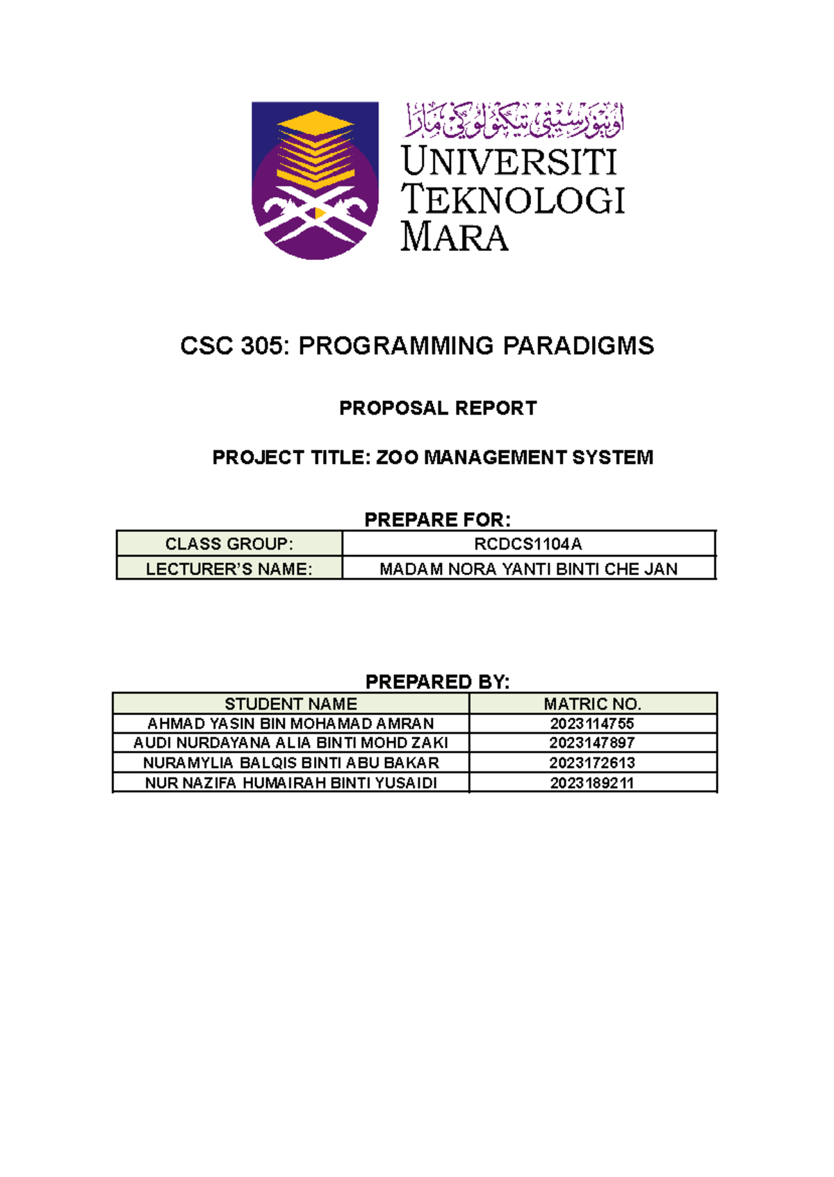 Proposal Report for Zoo Management System - CSC 305 Group 5 - Studocu