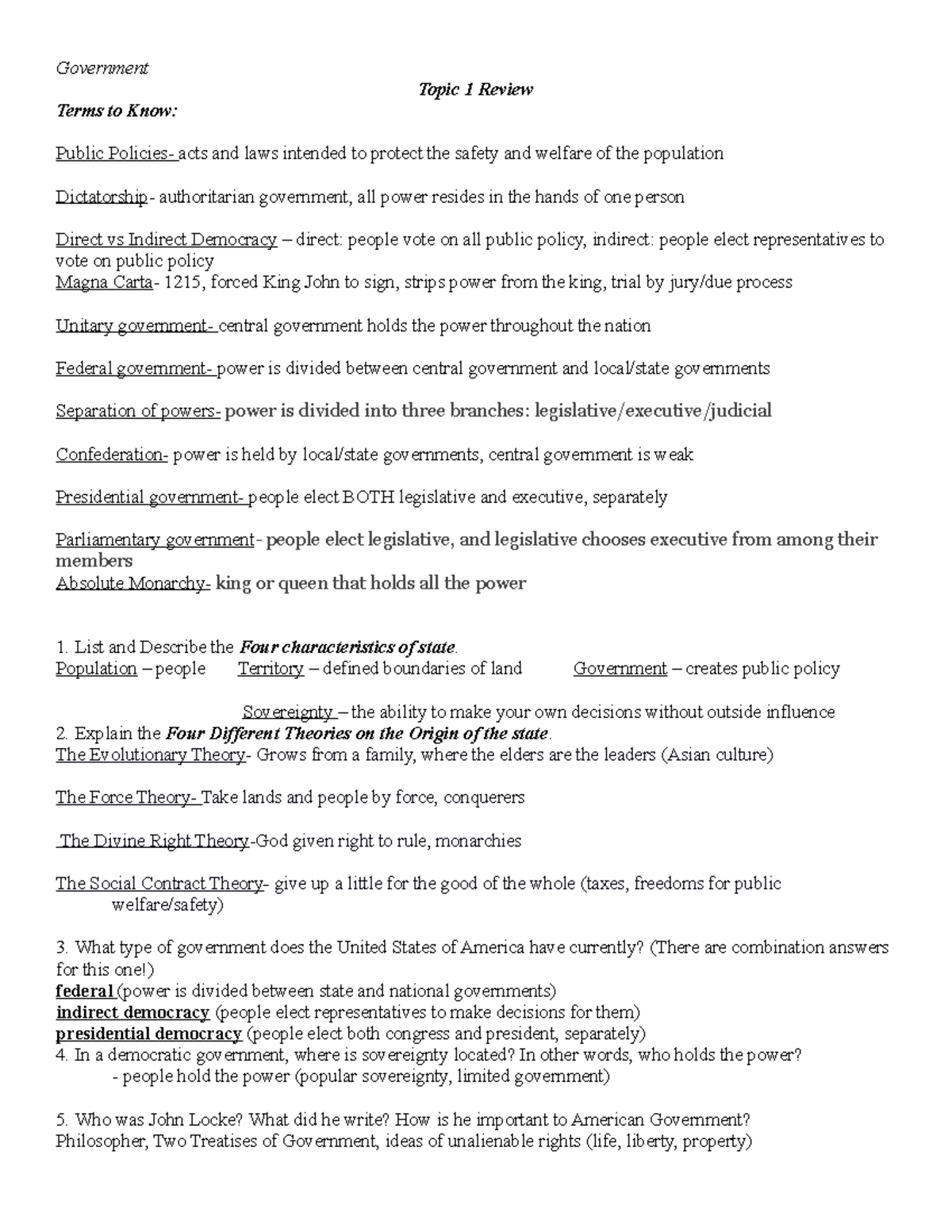 Government Test Review Topics 1 & 2 - 2021 KEY - Studocu