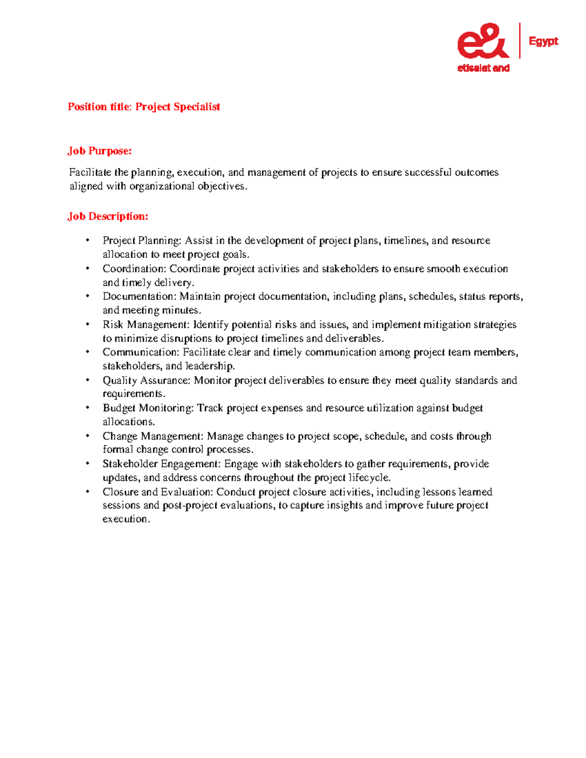 IT Project Specialist Job Description and Responsibilities - Studocu