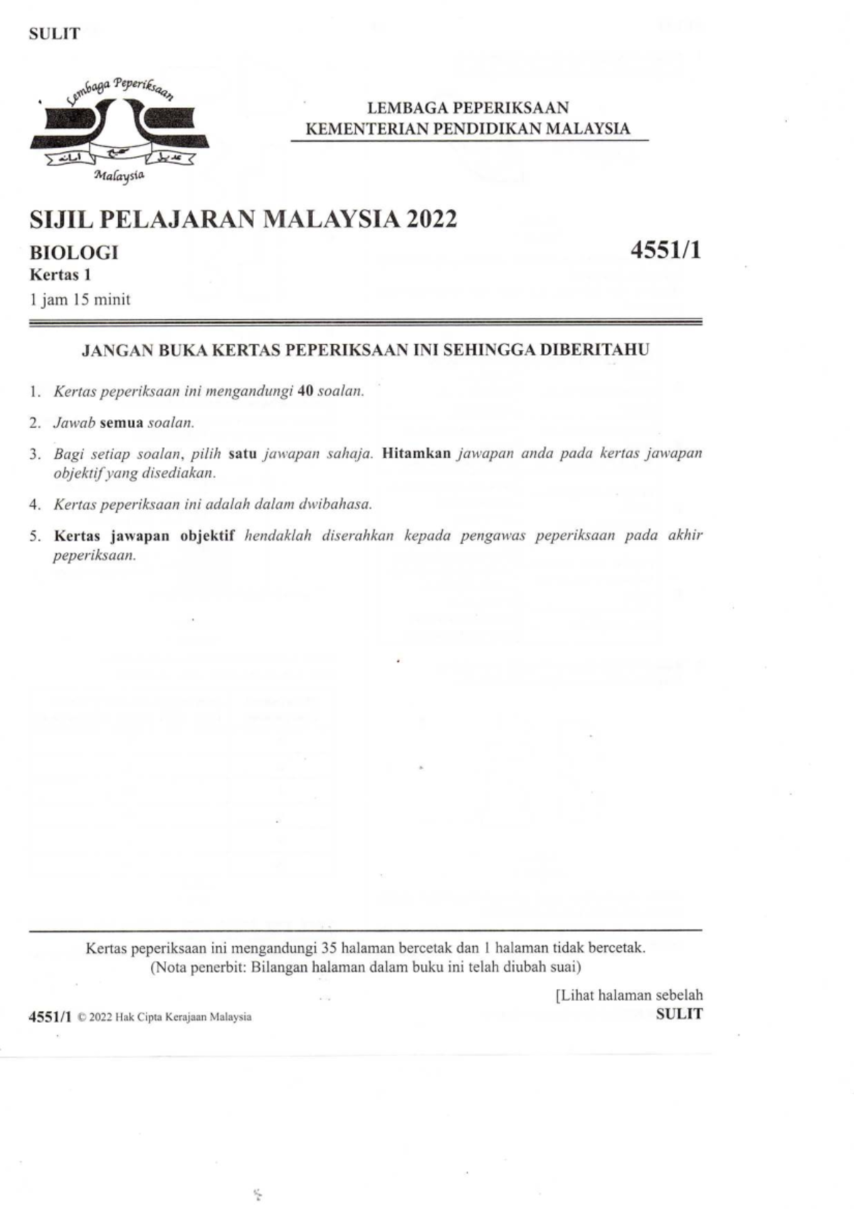 SPM 2022 Biology Paper 1 (4551/1) - Exam Questions and Answers - Studocu