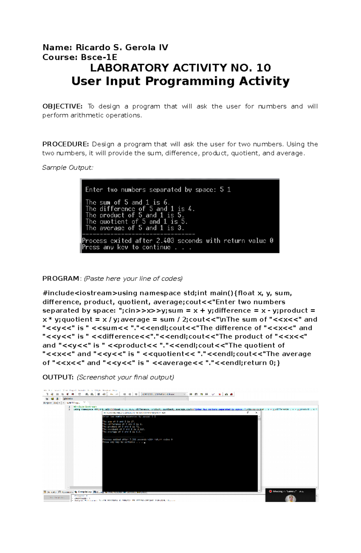 Laboratory Activity NO 10 - Name: Ricardo S. Gerola IV Course: Bsce-1E LABORATORY ACTIVITY NO ...