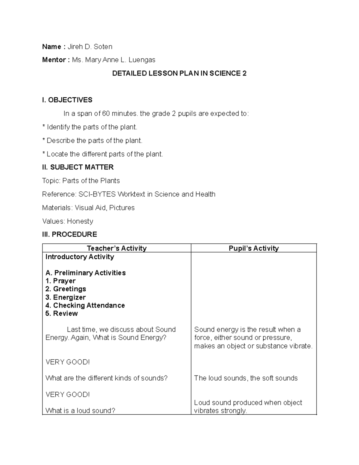 Detailed Lesson Plan in Science 2: Parts of the Plant - Studocu