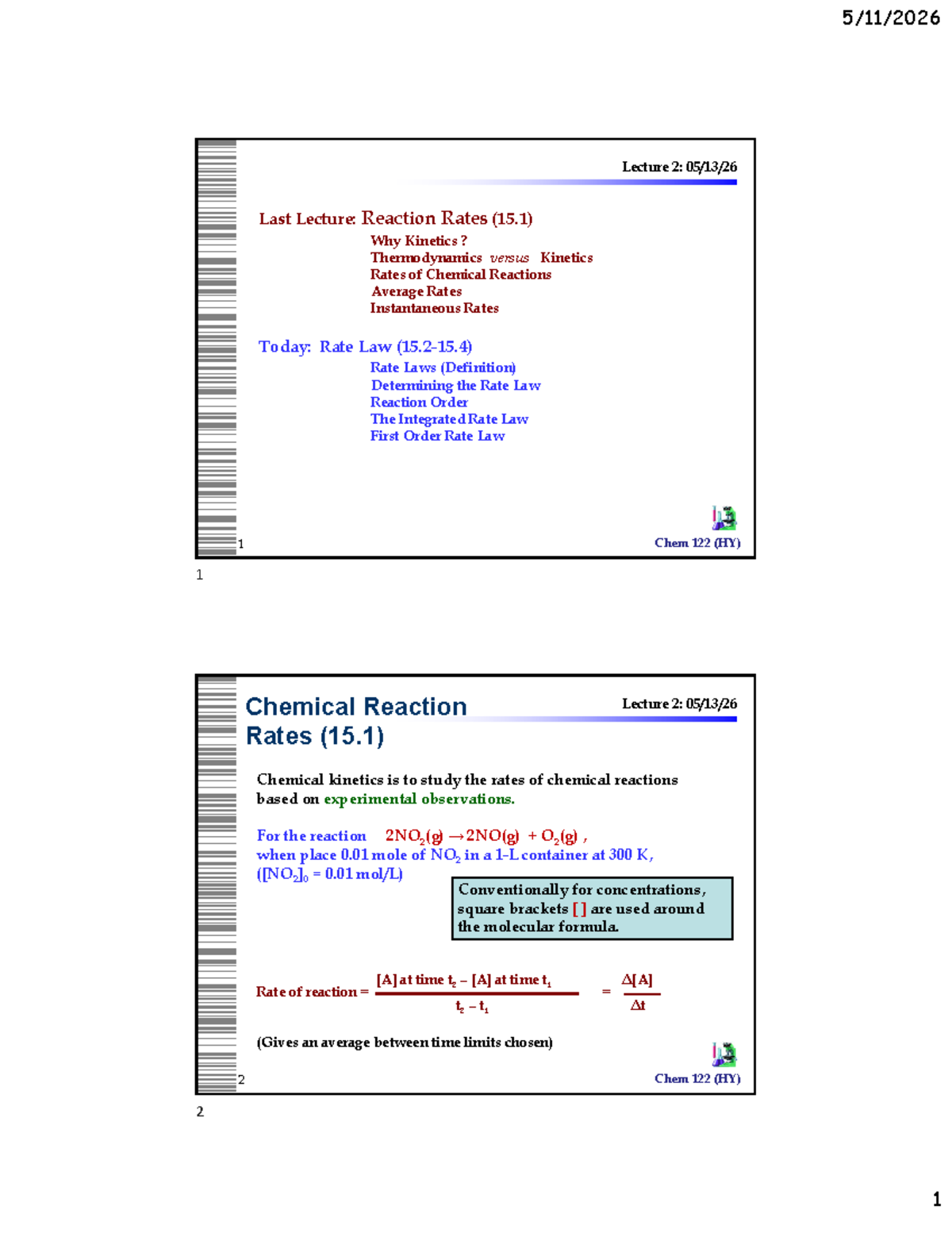 Chem 122 (HY) Lecture 2: Understanding Reaction Rates and Rate Laws ...