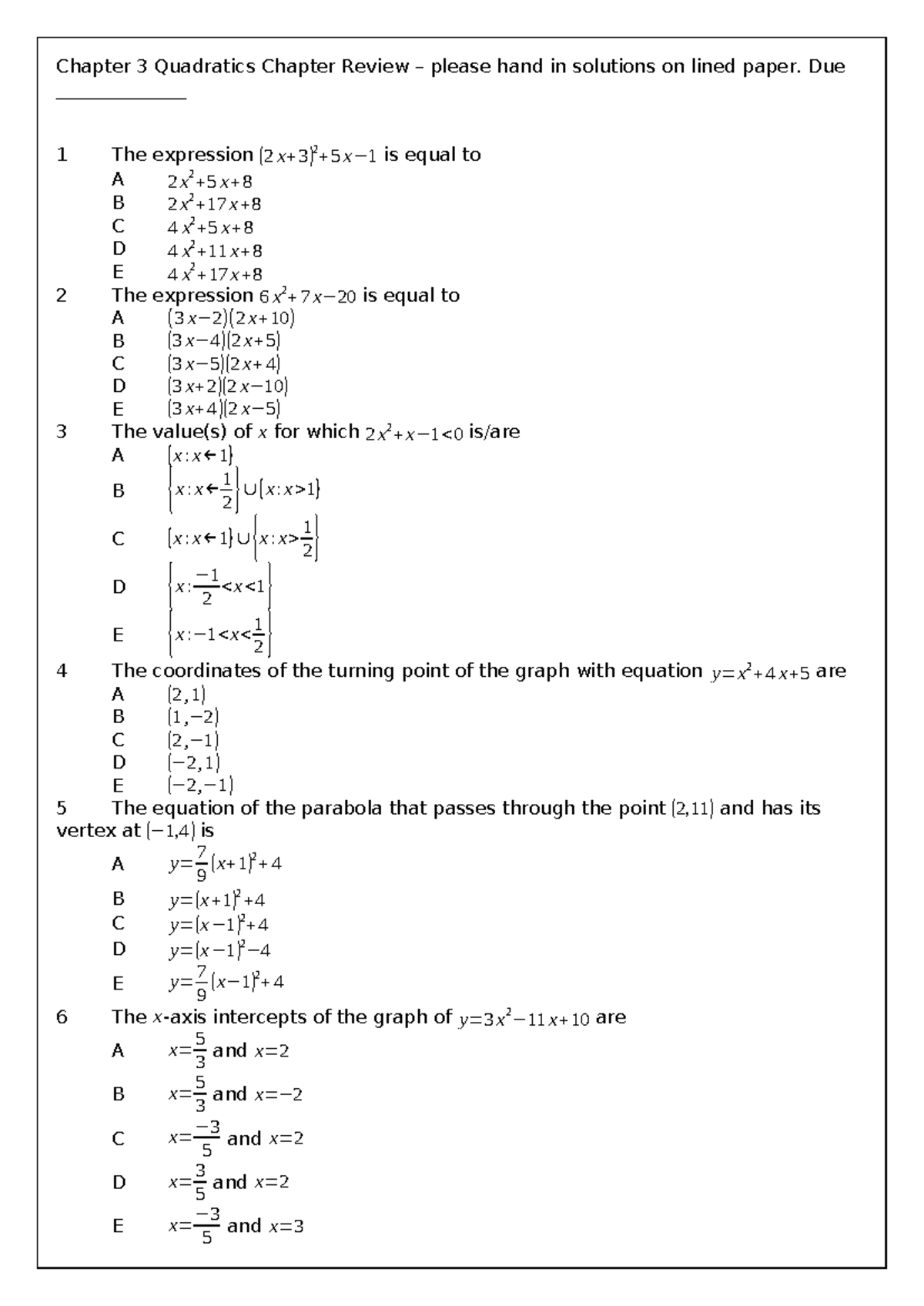 Chapter 3 Quadratics Final Exam Review Solutions - Due 2025 - Studocu