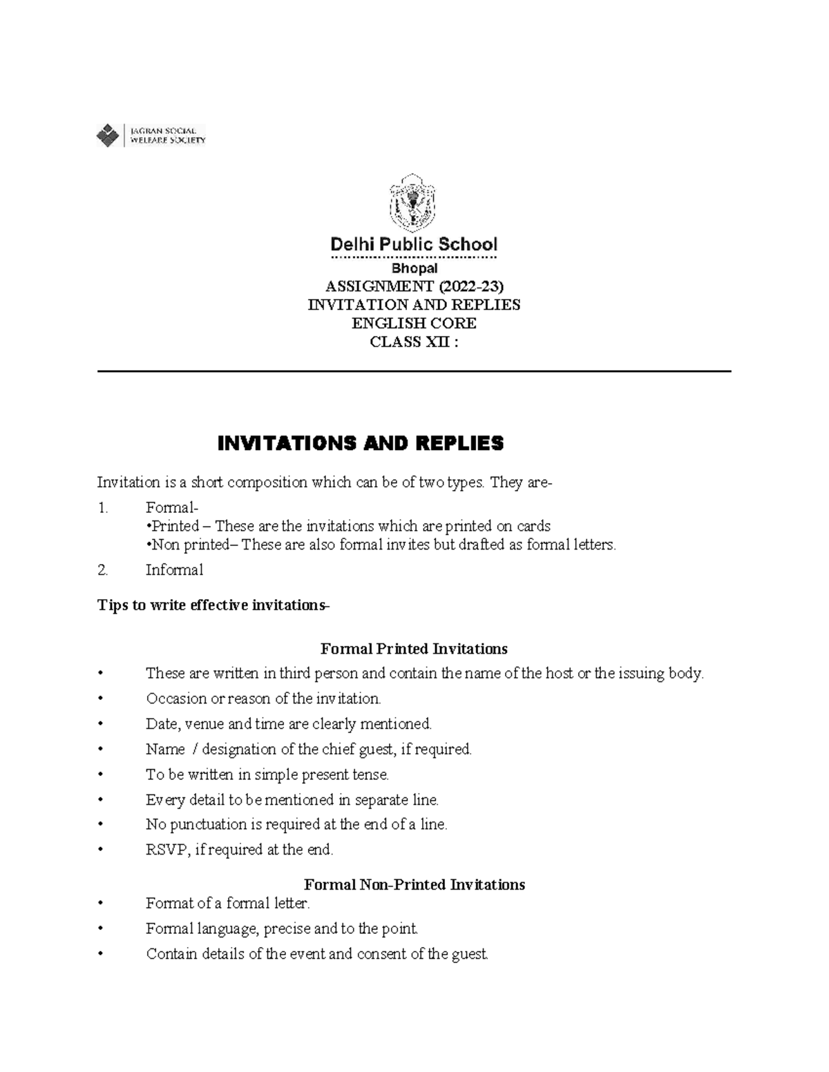 English Core Class XII: Assignment on Invitations and Replies - Studocu