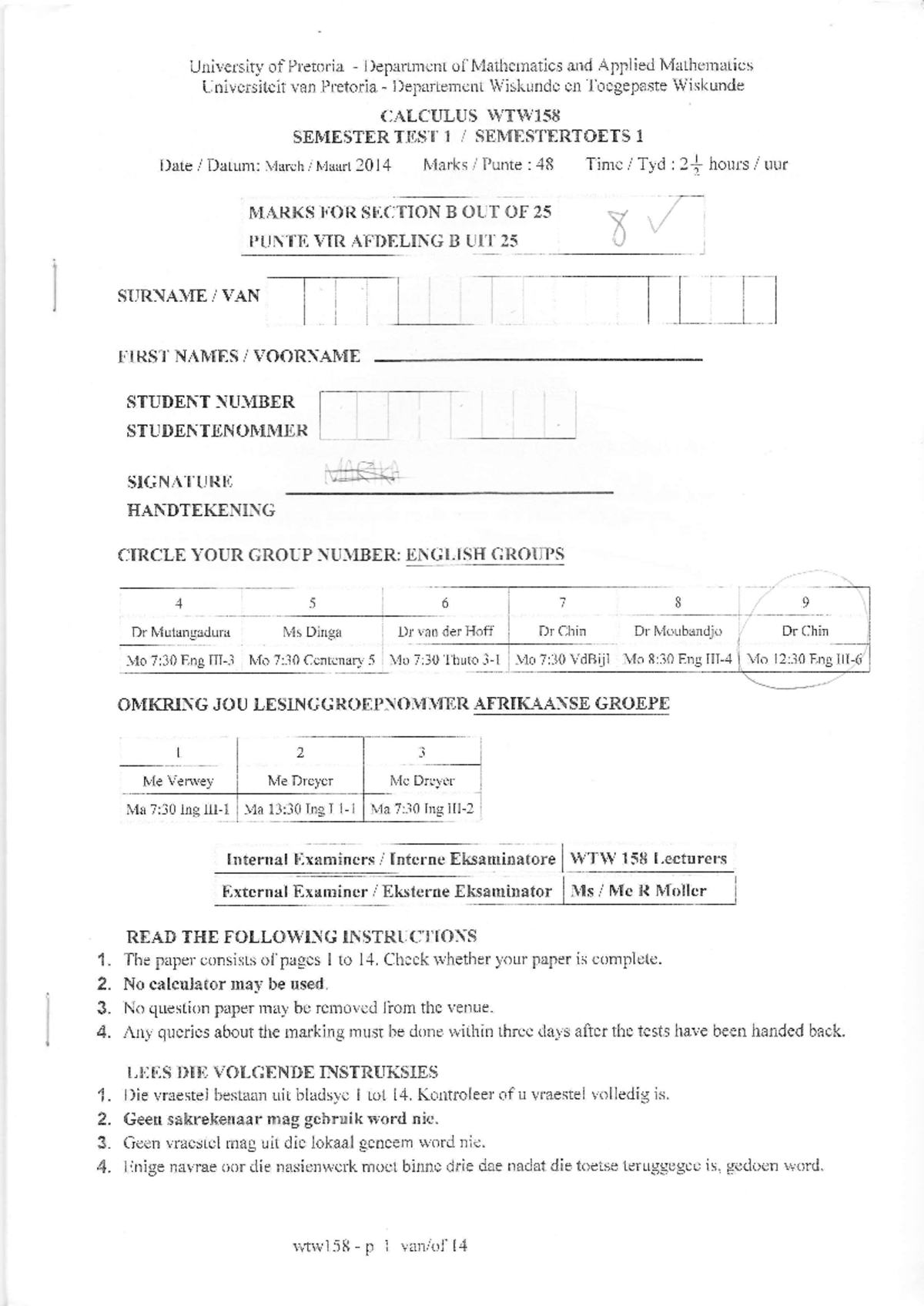 WTW158Sem Test 1 2014 - Test - University of Pretoria - Department of ...