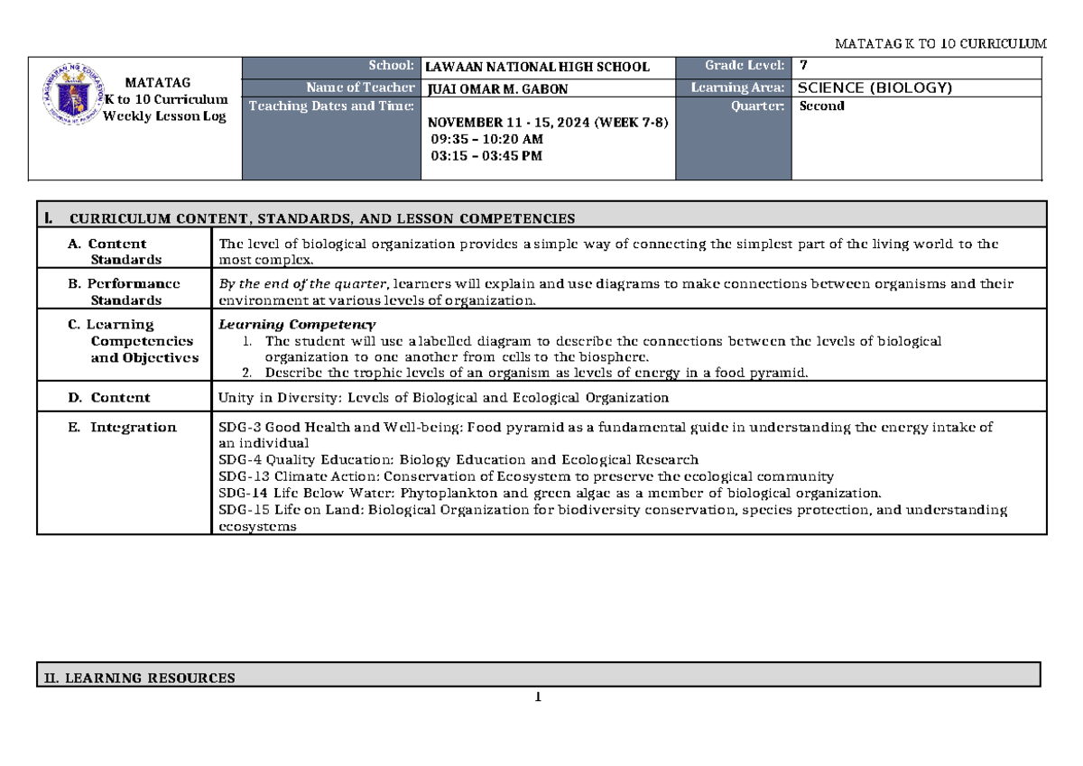 DLL Matatag Science 7 Q2 W7 - Lesson Log on Biological Organization ...