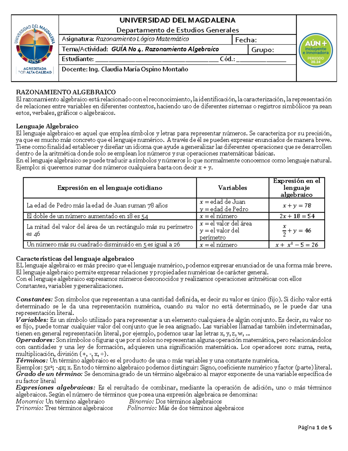 GUÍA No 4 - Razonamiento Algebraico y Lenguaje Algebraico - Studocu
