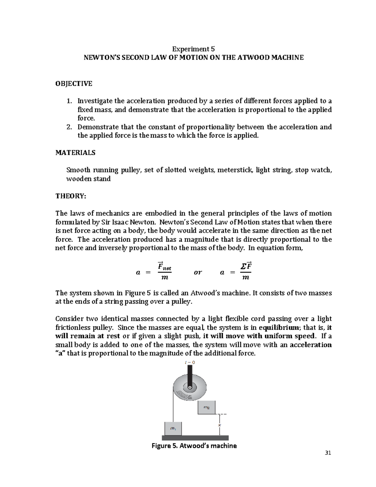 Physics Lab Manual: Experiment 5 - Newton's 2nd Law on Atwood Machine ...