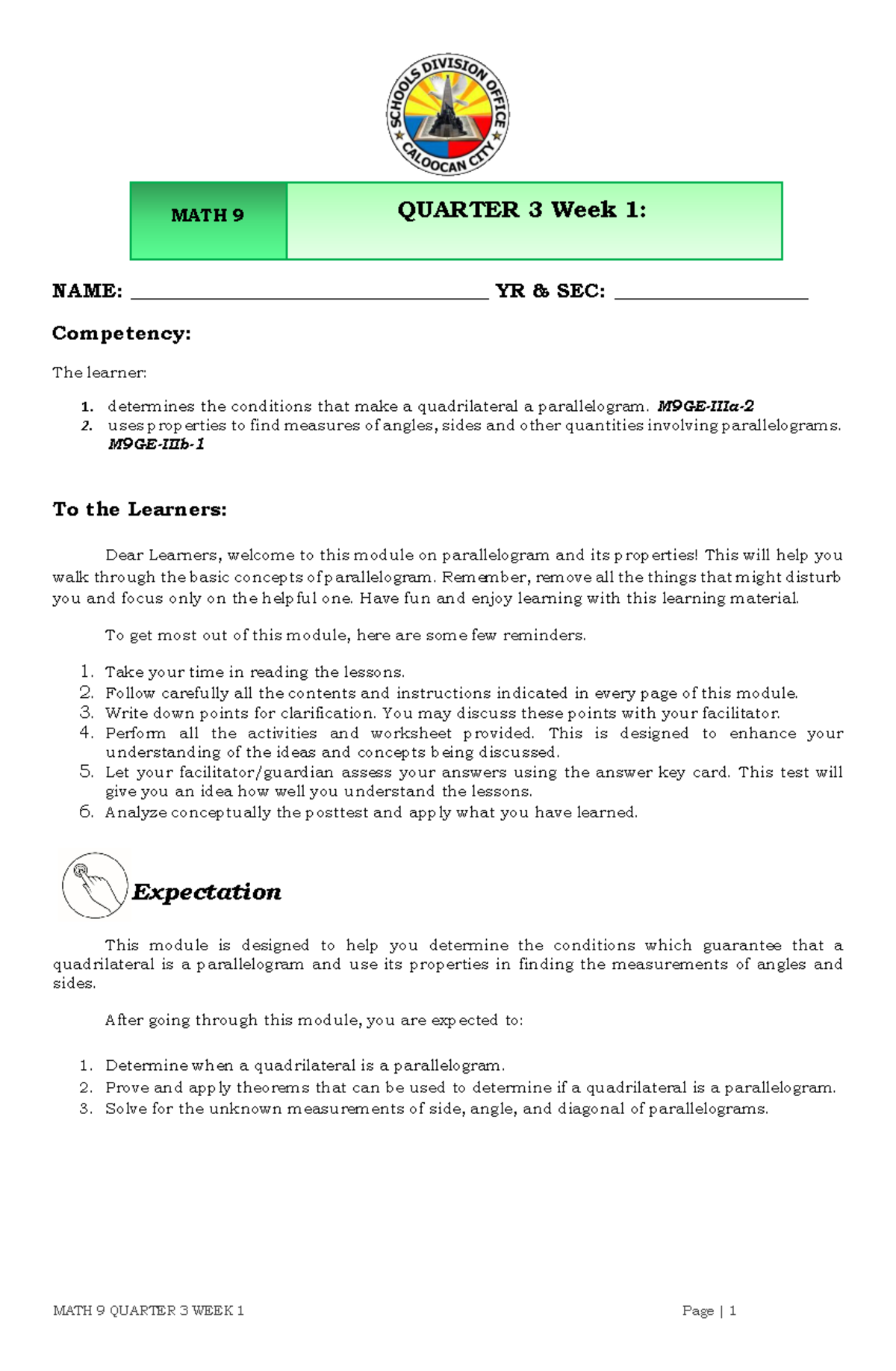Math 9 Q3 Week 1 - Lecture notes 3-1 - NAME ...