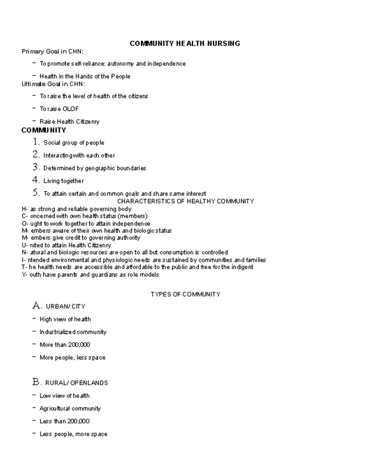 CHN - Community Health Nursing Overview and Key Concepts - Studocu