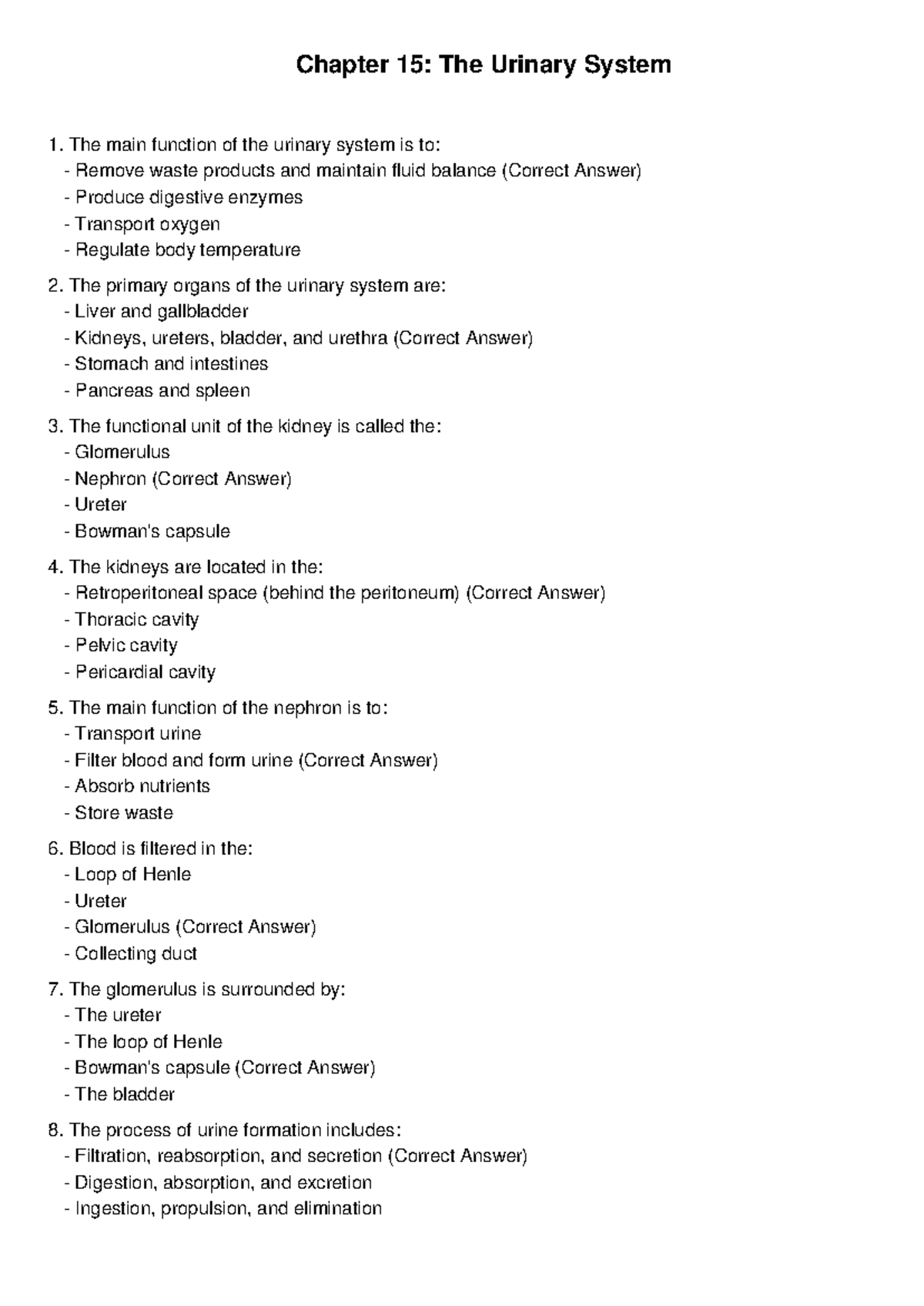 Urinary system McQs Anatomy - Chapter 15: The Urinary System The main ...