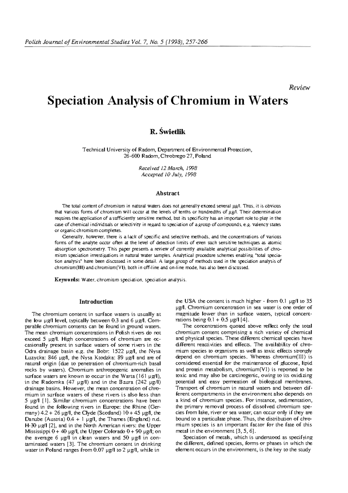Speciation Analysis of Chromium in Natural Waters: A Review - Studocu