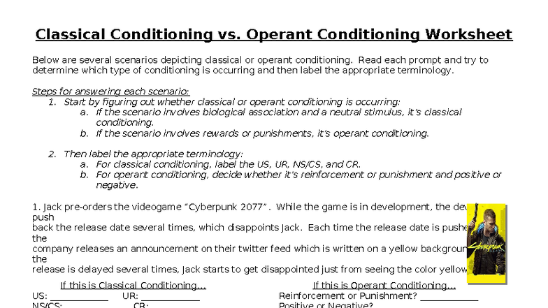 Classical Conditioning vs. Operant Conditioning Worksheet (PSY 101 ...