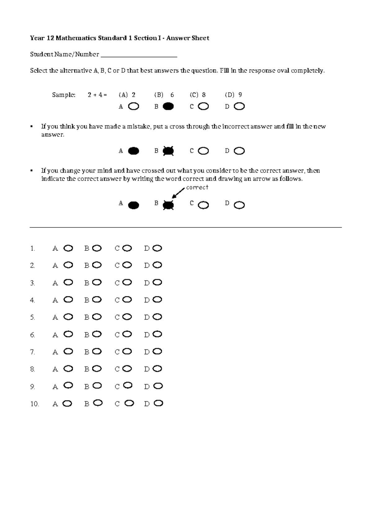 Year 12 Mathematics Standard 1 Section I Answer Sheet (ACE PP12MS1P1 ...