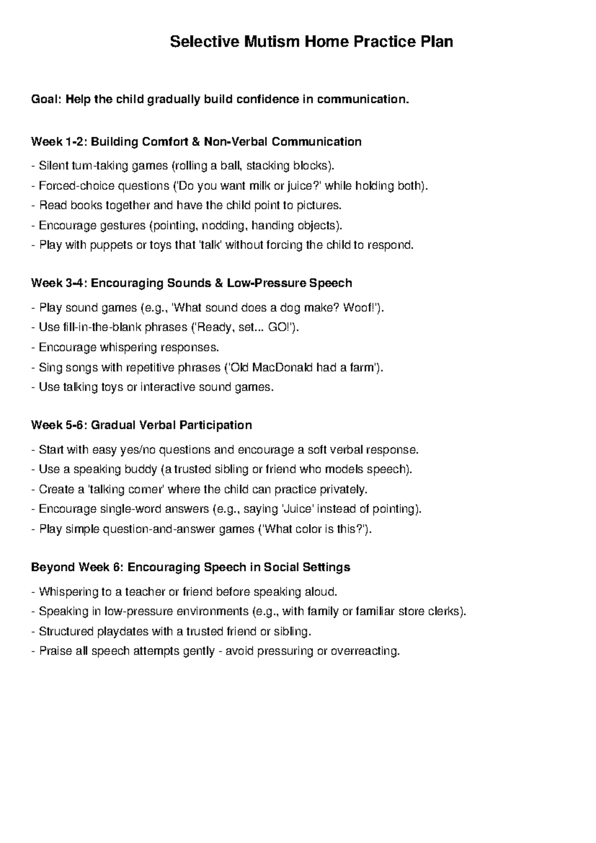 Selective Mutism Home Practice Plan: Strategies for Encouraging ...