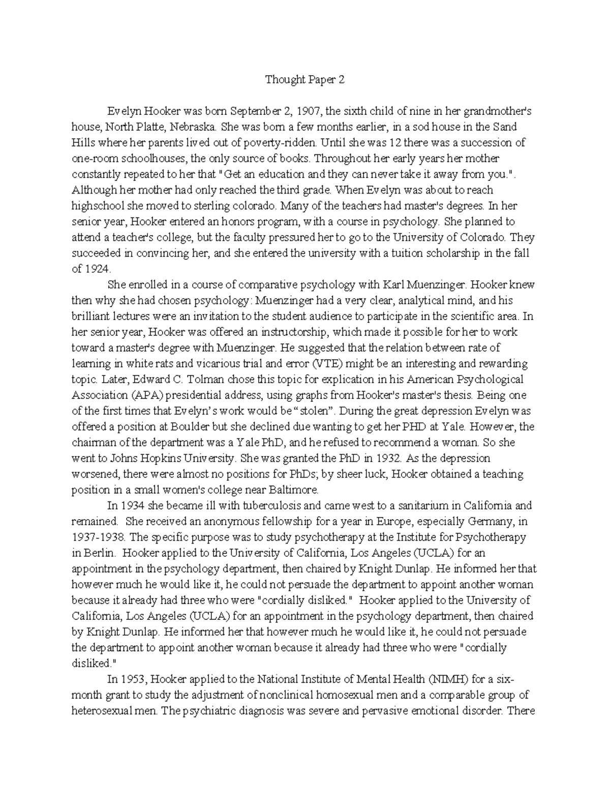 Thought Paper 2 - course work - Thought Paper 2 Evelyn Hooker was born ...