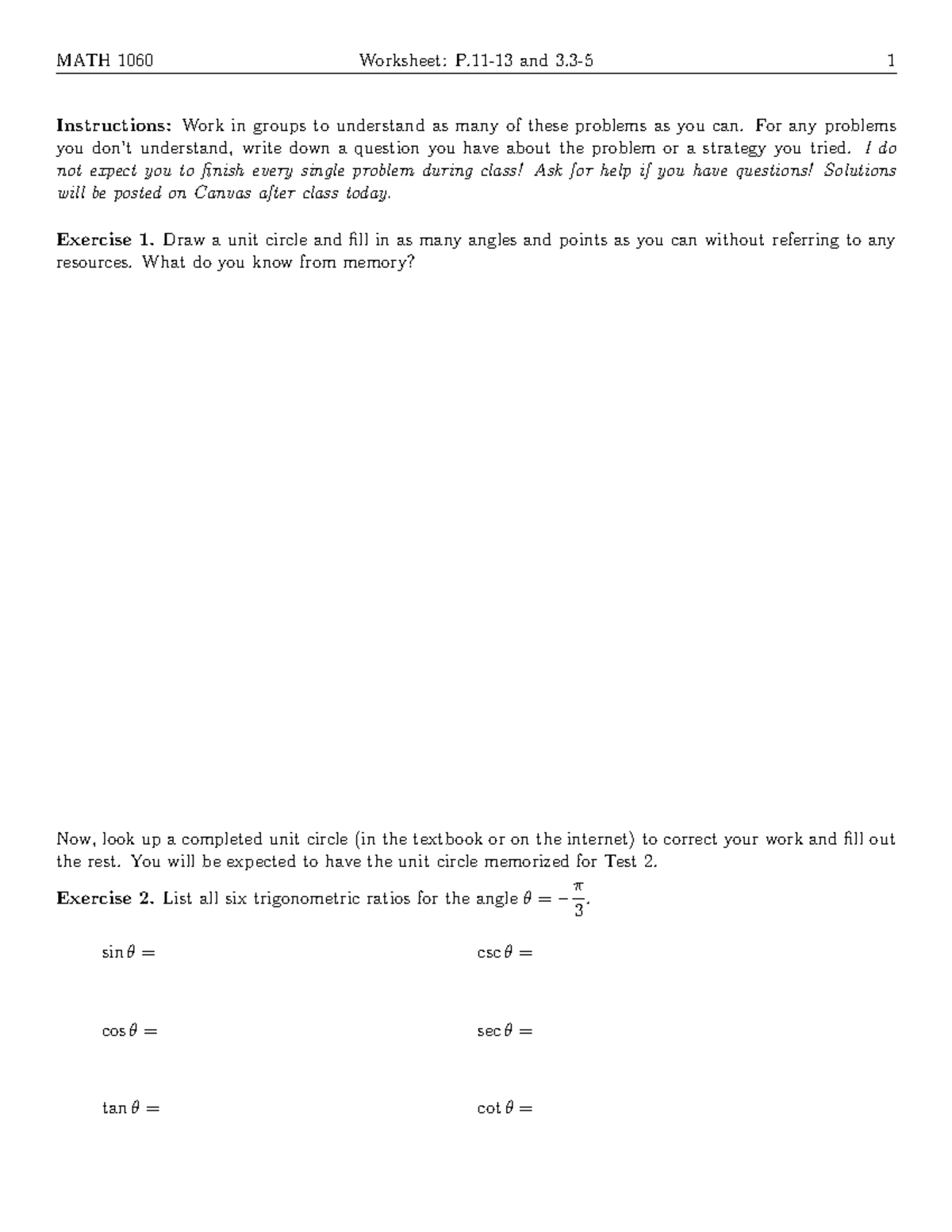 MATH 1060 Worksheet: Trigonometric Functions & Derivatives - Studocu
