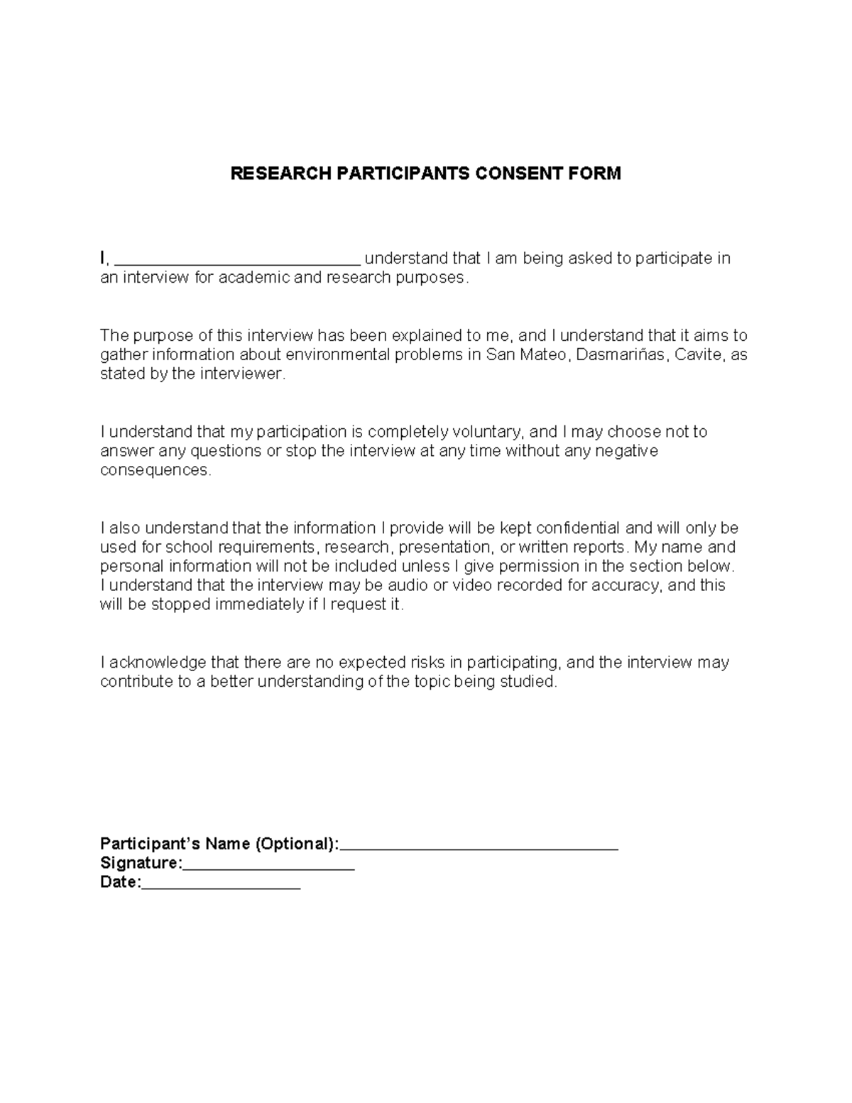 RESEARCH PARTICIPANTS CONSENT FORM - ENVIRONMENTAL STUDY - Studocu