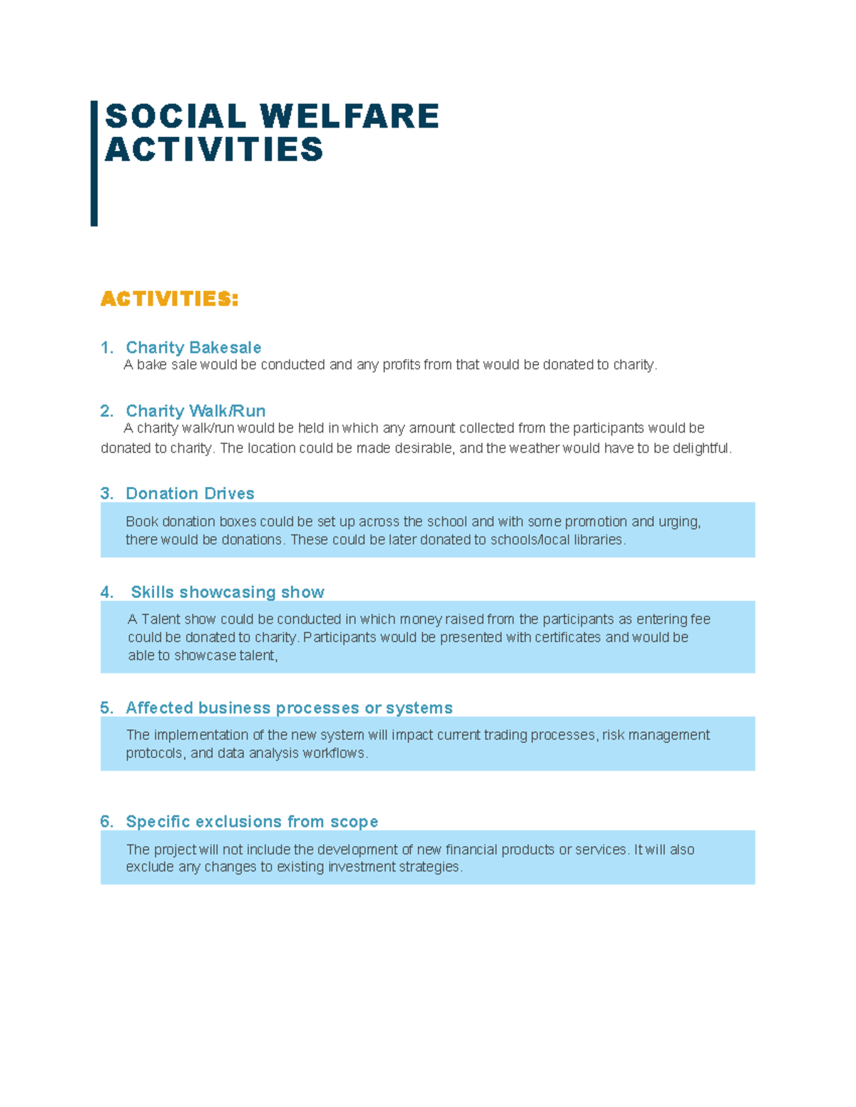 SOCIAL WELFARE ACTIVITIES: Charity Events & Donation Drives - Studocu