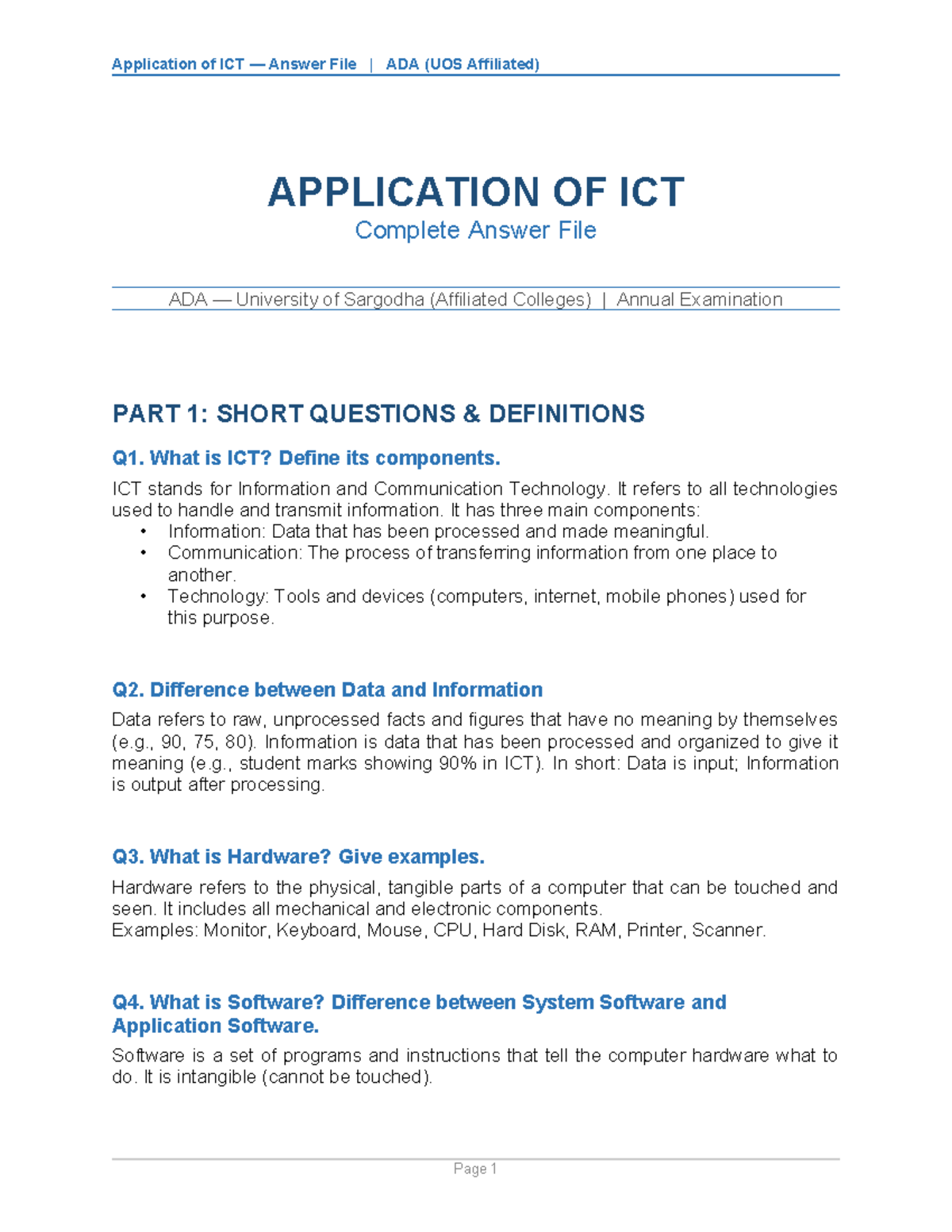 ICT Applications Answer File ADA (UOS Affiliated) - Studocu