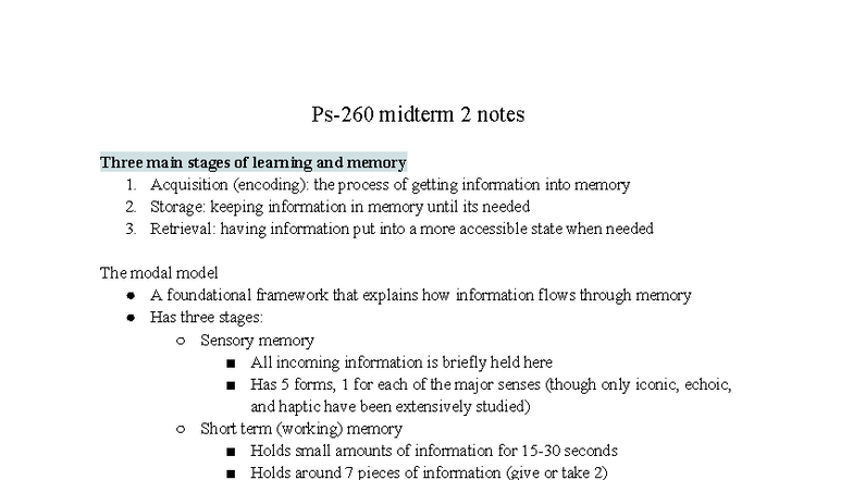 Ps-260 Midterm 2 Notes: Stages of Learning & Memory - Studocu