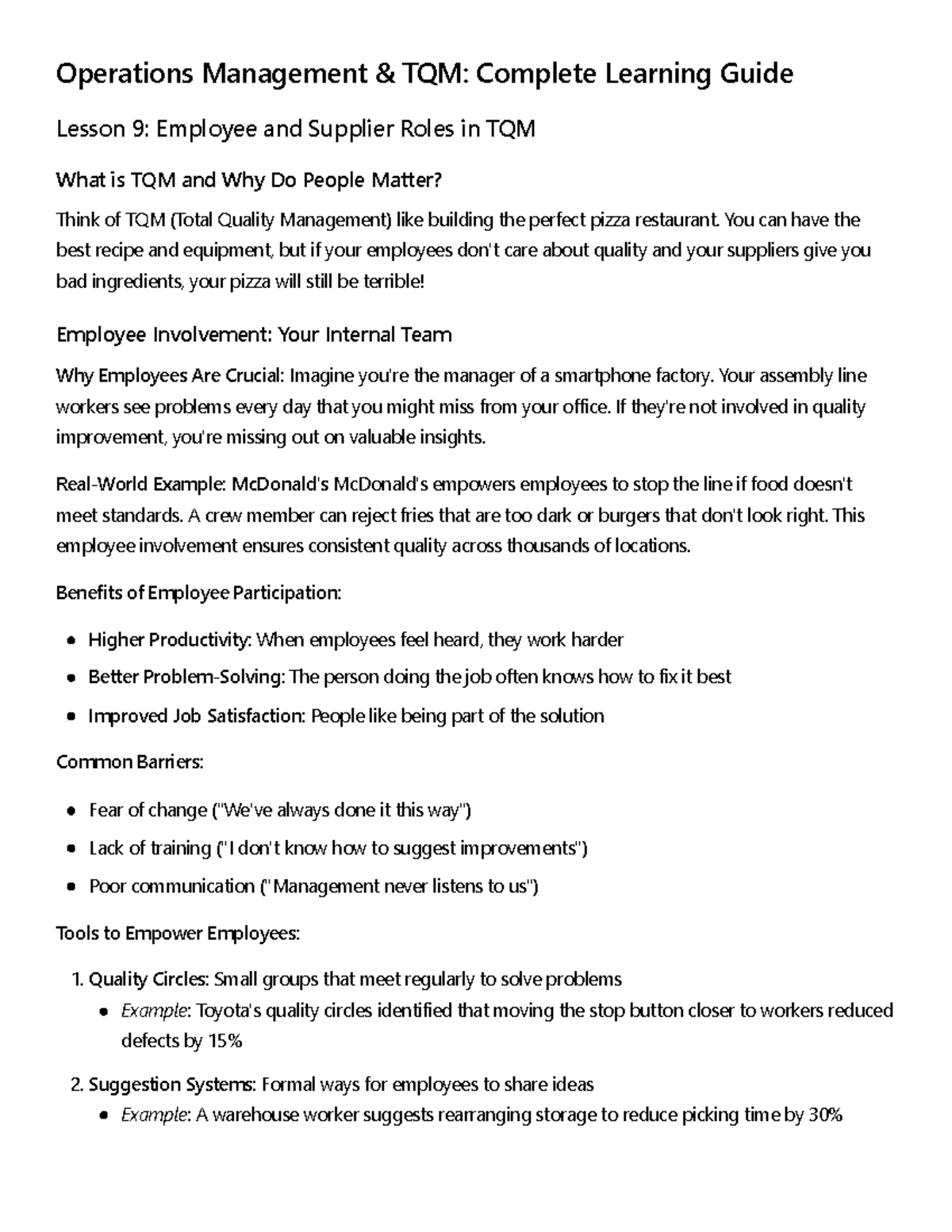Operations Management & TQM: Lesson 9 - Employee & Supplier Roles in ...
