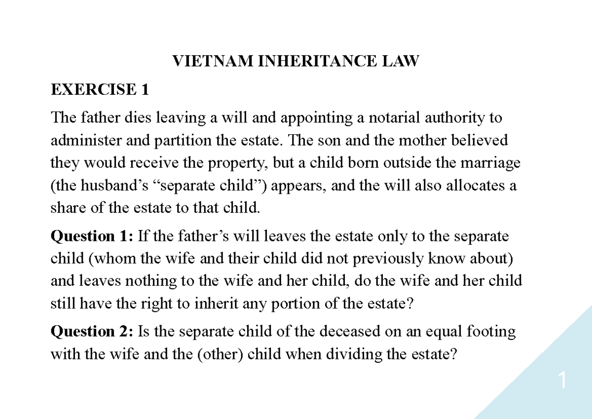 Inheritance Law Exercises - VIETNAM INHERITANCE LAW - Studocu