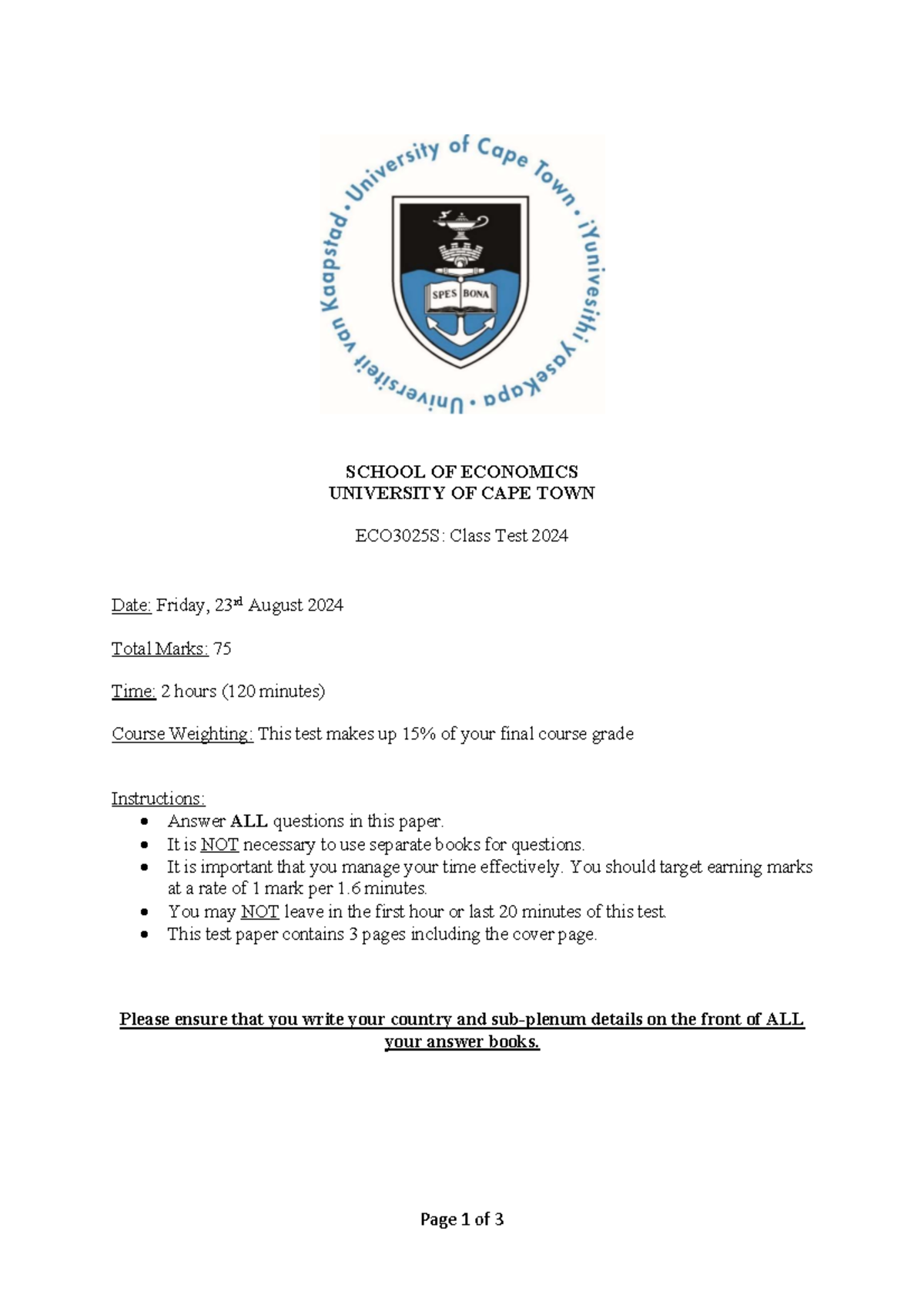 ECO3025S: Class Test 2024 - Key Concepts in Trade Policy and ...