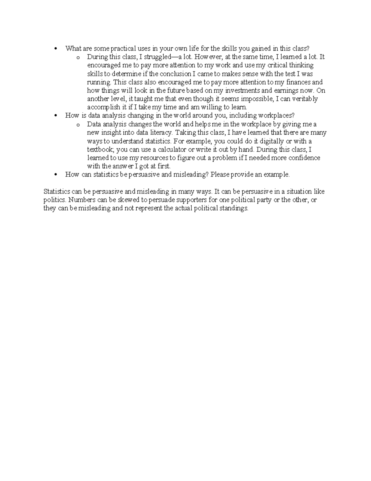 Final Discussion Reflections on Data Analysis & Statistics Skills - Studocu