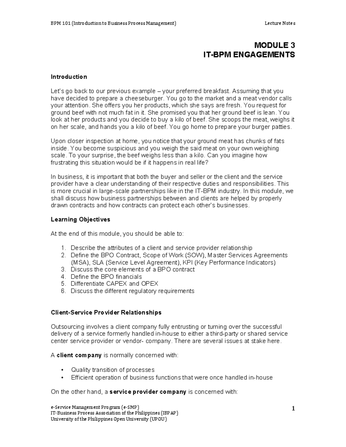 BPO 3 - Lesson 3: Understanding IT-BPM Contracts and Client ...