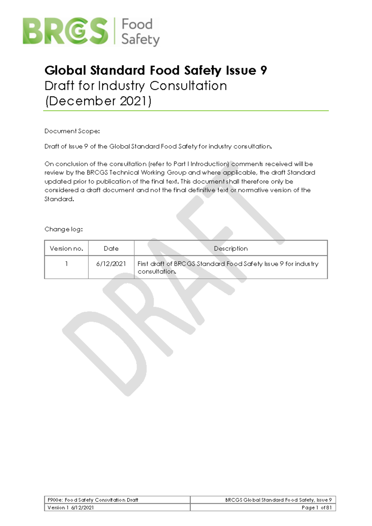 BRCGS Global Standard Food Safety Issue 9 Draft for Consultation - Studocu