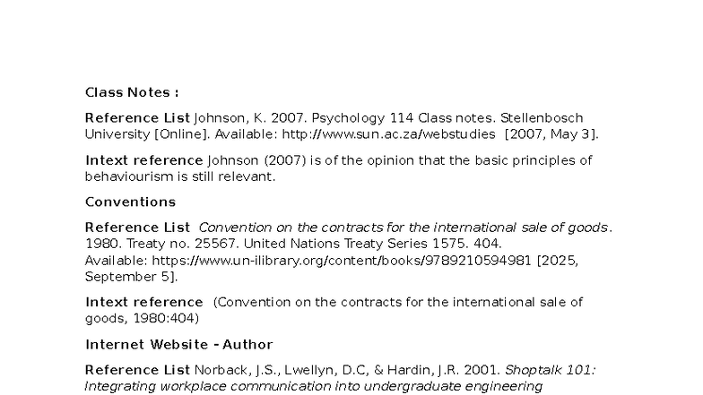 Psychology 114 Class Notes: Reference List & In-text Citations - Studocu