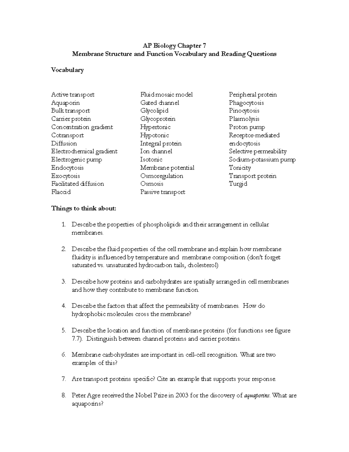 AP Bio Chapter 7 Membrane Structure & Function Review Notes - Studocu
