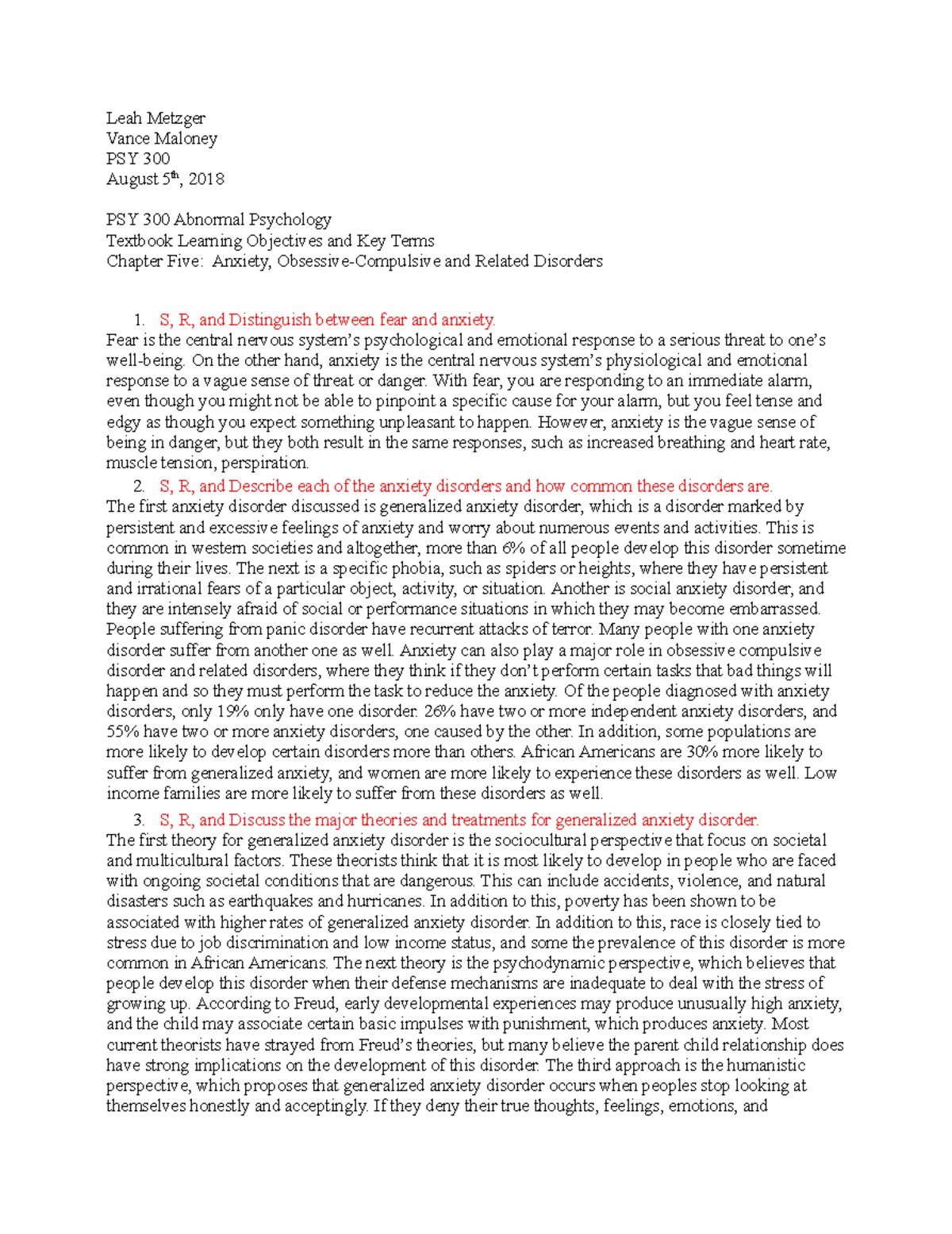 PSY 300 Abnormal Psychology - Chapter 5: Anxiety Disorders Notes - Studocu