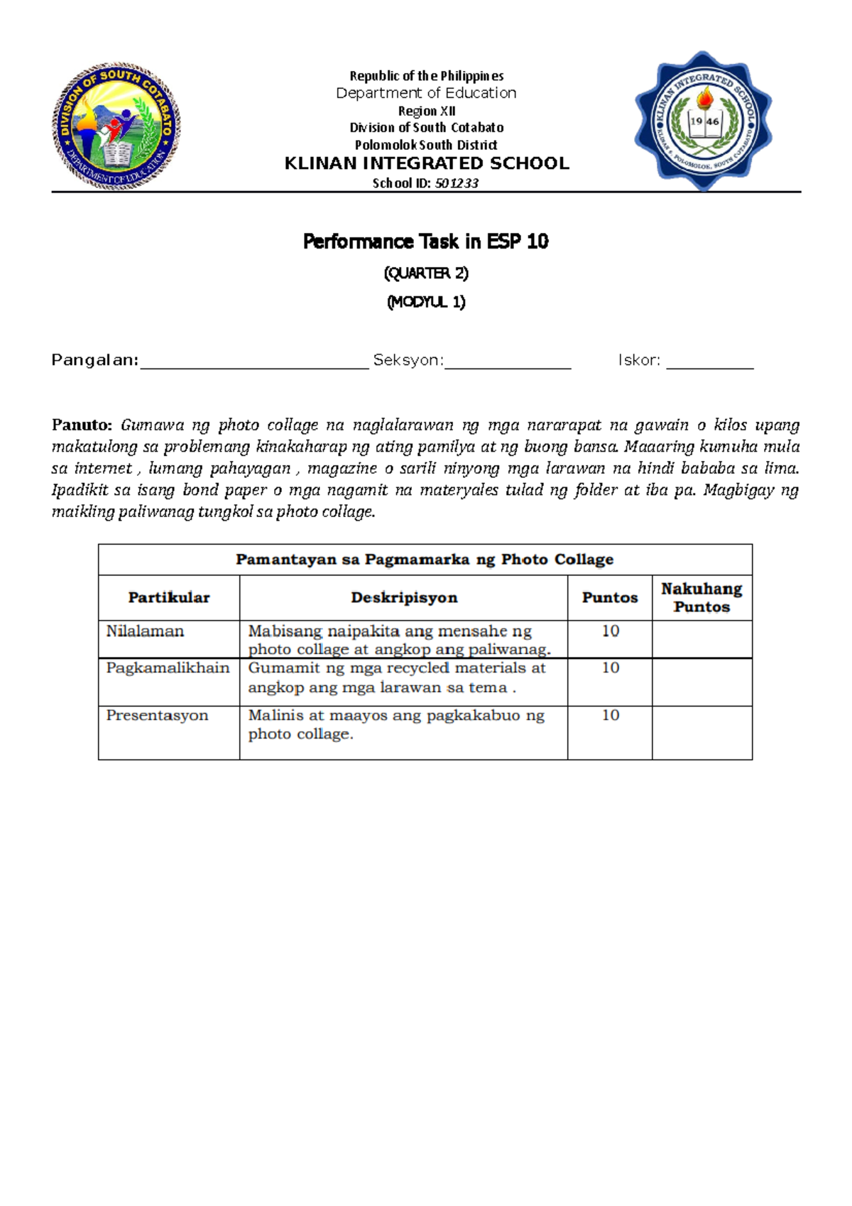ESP10 - Performance Task: Modyul 1 to 4 Collage & Mapping Activities ...