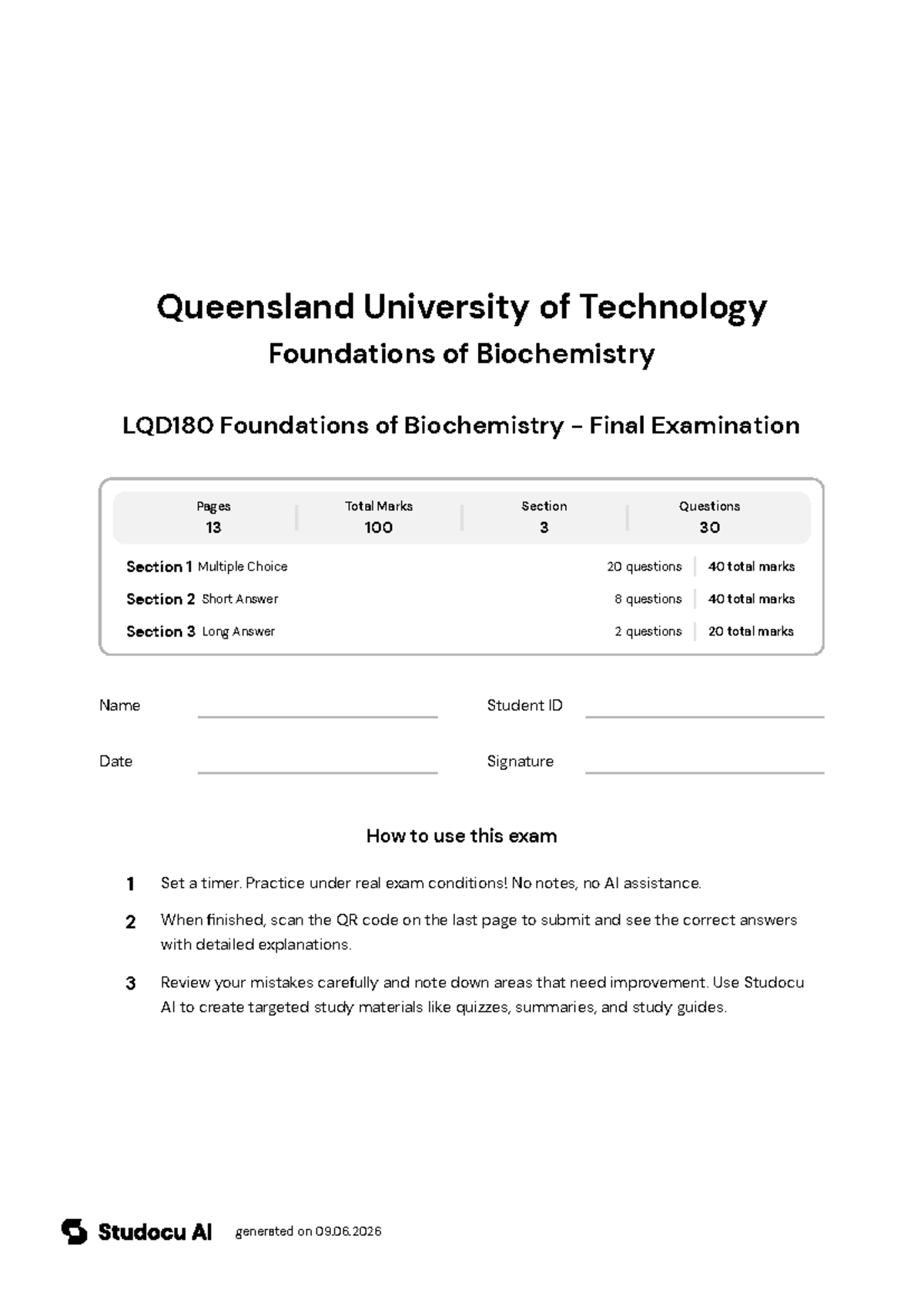 LQD180 Foundations of Biochemistry - Final Exam - Studocu
